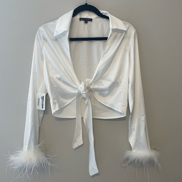 Blue Blush | Tops | Nwt White Satin Long Sleeve Feathered Cuffs Front ...